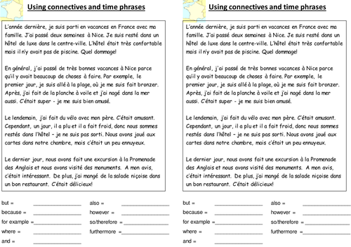 KS3 French: Connectives and time phrases (Perfect tense, holidays) by ...