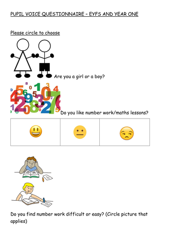 Start of Year Maths Pupil Voice Questionnaire for EYFS and YEAR 1 ...