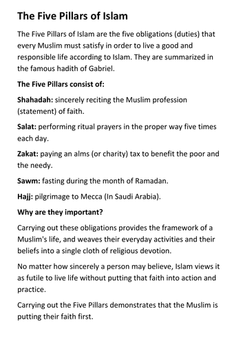 The Five Pillars of Islam Handout | Teaching Resources