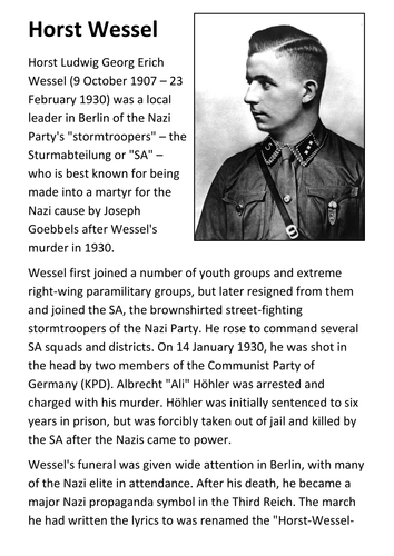 Horst Wessel and the SA Handout | Teaching Resources