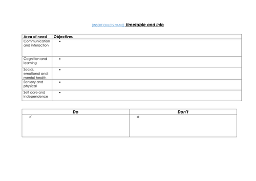 Easy to access EHCP front sheet including objectives and provision ...
