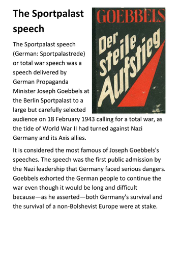 The Sportpalast speech Handout | Teaching Resources