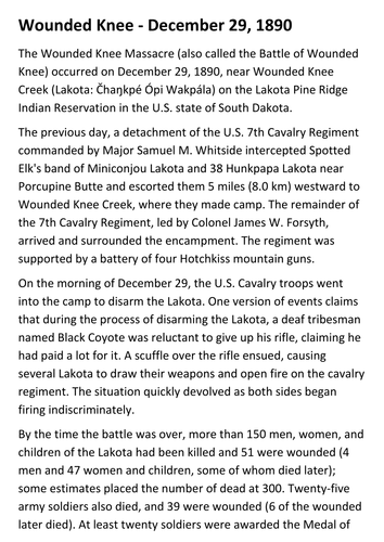 The Wounded Knee Massacre Handout | Teaching Resources