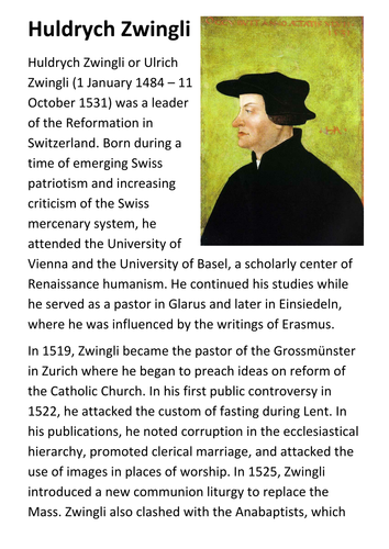 Huldrych Zwingli Handout | Teaching Resources