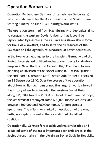 Operation Barbarossa Handout | Teaching Resources
