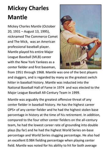 Mickey Charles Mantle Handout | Teaching Resources
