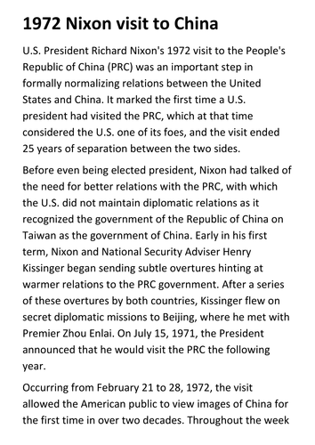 1972 Nixon visit to China Handout | Teaching Resources