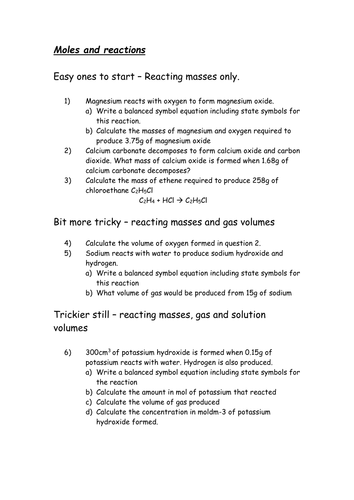 Moles calculations | Teaching Resources Moles calculations | Teaching Resources