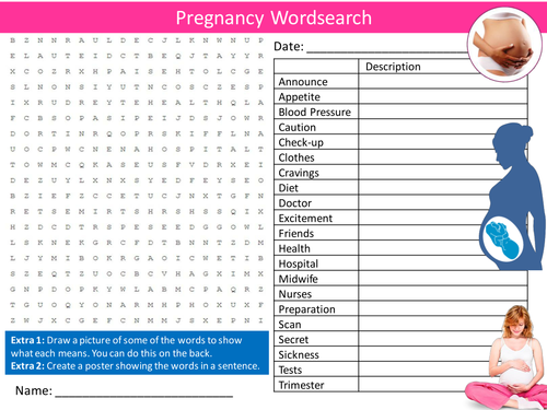 Pregnancy Wordsearch PSHE PHSE SRE Starter Settler Activity Homework ...