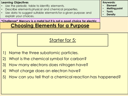 Choosing Elements for a Purpose (Y8) | Teaching Resources