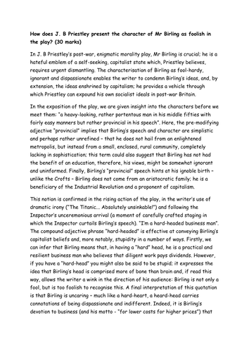 'An Inspector Calls' Grade 9 essay - Mr Birling | Teaching Resources 'An Inspector Calls' Grade 9 essay - Mr Birling | Teaching Resources