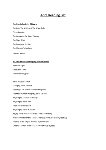 Reading List for able Year 5 student | Teaching Resources