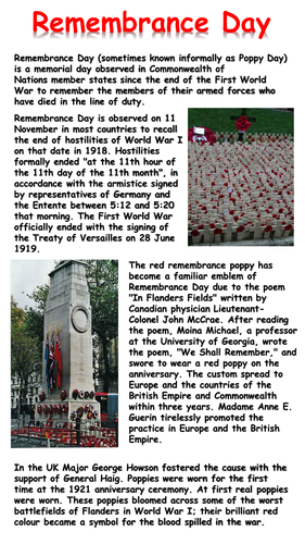 Remembrance Day Reading Comprehension Sample | Teaching Resources