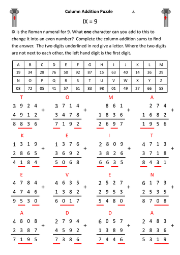 Column addition puzzle | Teaching Resources