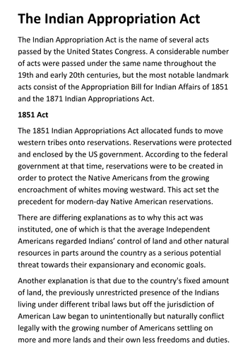 The Indian Appropriation Act | Teaching Resources