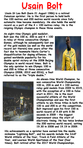 Usain Bolt Reading Comprehension Sample | Teaching Resources