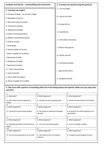 KS4 Spanish Accidents/Injuries/Lifestyle - Vocabulary Consolidation and ...