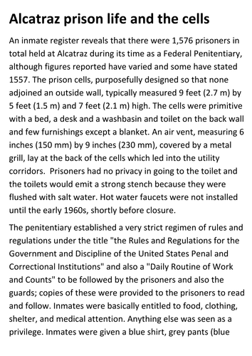Alcatraz Prison life and the cells Handout | Teaching Resources