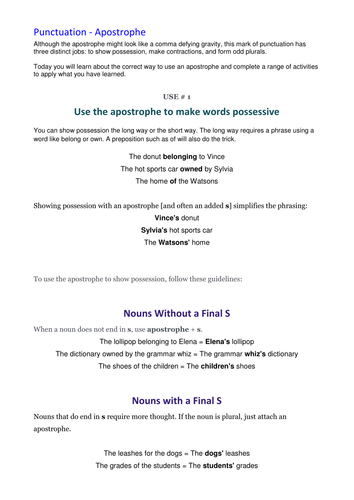 Apostrophes worksheet | Teaching Resources