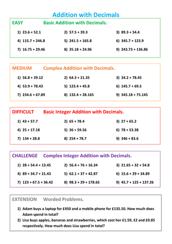 Addition with Decimals - Differentiated | Teaching Resources