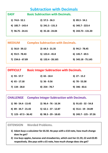 Subtraction with Decimals - Differentiated | Teaching Resources