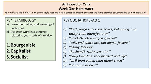An Inspector Calls key quotations and terms homework | Teaching Resources