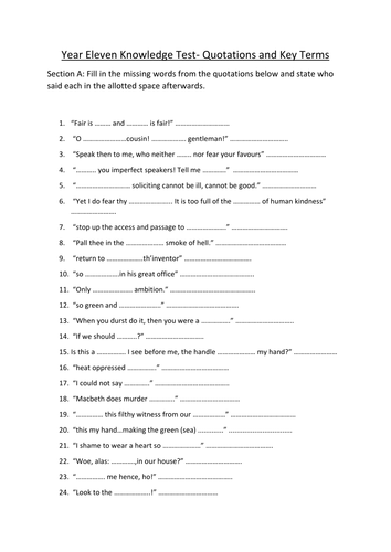 Macbeth quotation and key terms test with answers | Teaching Resources