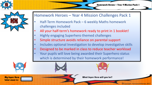 Homework Heroes - Year 4 Mission Pack 1 (Half-Term Maths Homework Pack ...
