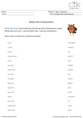 Match the Contractions - English Resource | Teaching Resources