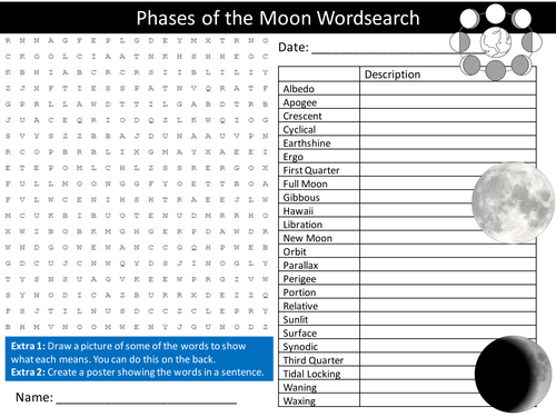 Phases of the Moon Wordsearch Science Physics Starter Settler Activity ...