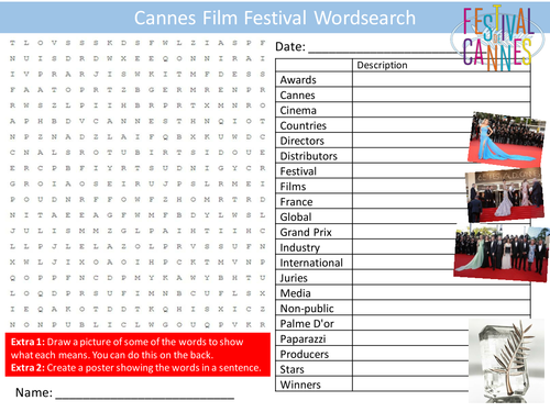 Cannes Film Festival Wordsearch Media Studies Starter Settler Activity ...