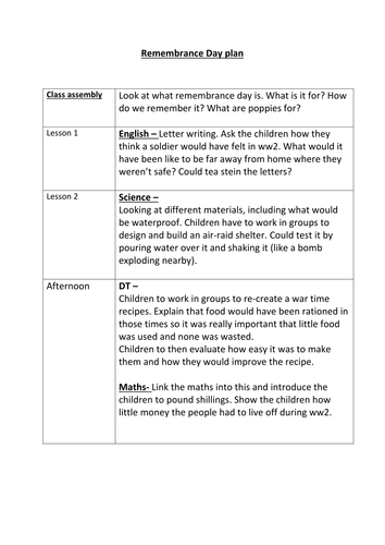 Basic remembrance day plan. | Teaching Resources