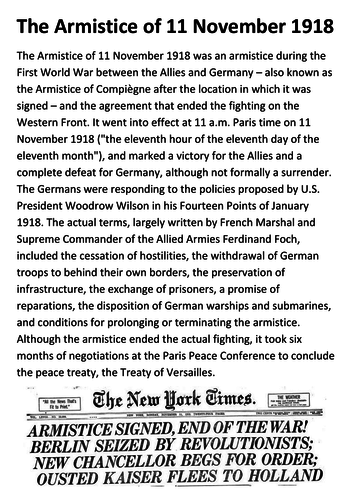 The Armistice 1918 Handout | Teaching Resources