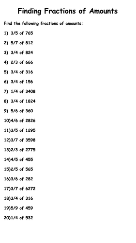 Finding Fractions of Amounts Worksheet | Teaching Resources Finding Fractions of Amounts Worksheet | Teaching Resources