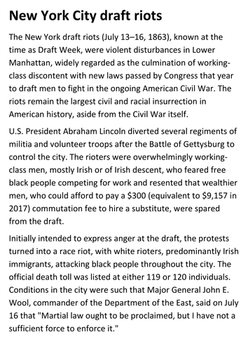 New York City draft riots Handout | Teaching Resources