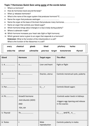 GCSE 9-1 Edexcel biology Topic 7 hormones quiz and table | Teaching ...