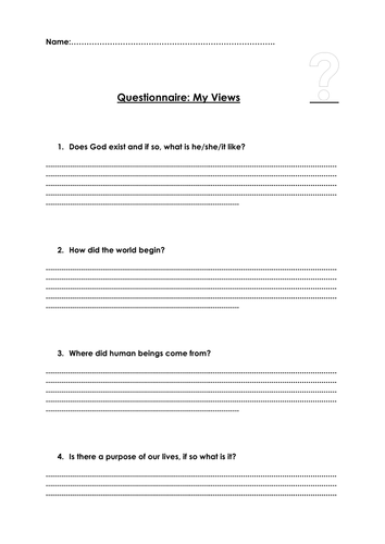 Questionnaire Ultimate Questions CRE Yr7 | Teaching Resources