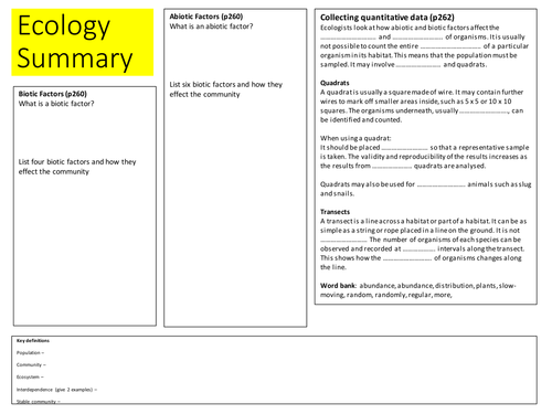 AQA Ecology Topic Summary Sheets - Double Science | Teaching Resources