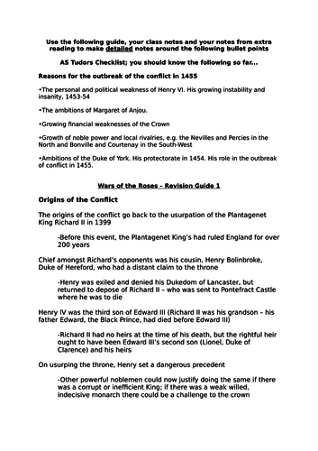 Origins of the Wars of the Roses Revision Guide | Teaching Resources