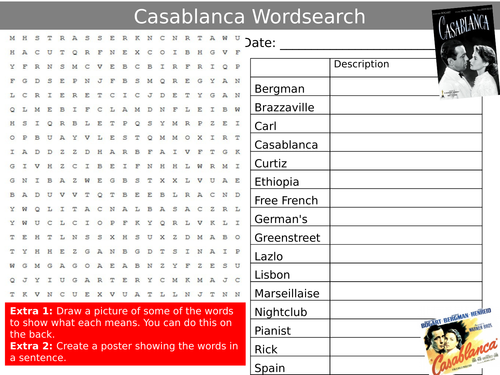 Casablanca Movie Wordsearch Media Studies Starter Settler Activity ...