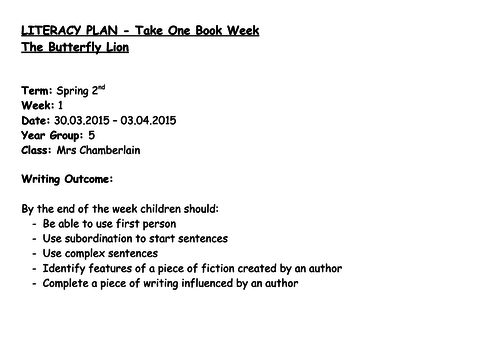 "The Butterfly Lion" by Michael Morpurgo Story Writing (set of 5 ...