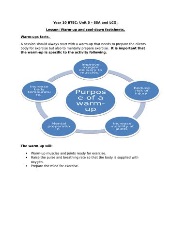 BTEC Sport Level 2 - Warm up and Cool Down Worksheet | Teaching Resources