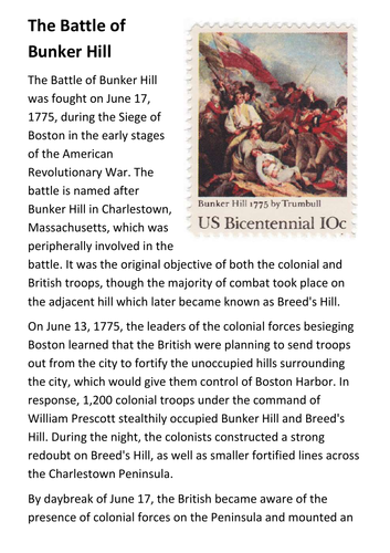 The Battle of Bunker Hill Handout | Teaching Resources