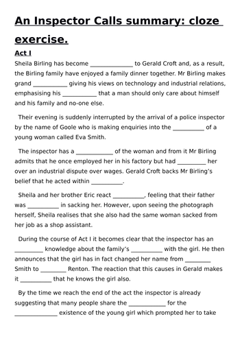 An Inspector Calls summary: cloze exercise. | Teaching Resources