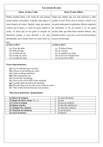 Spanish las tareas domésticas _ household chores _ reading writing ...