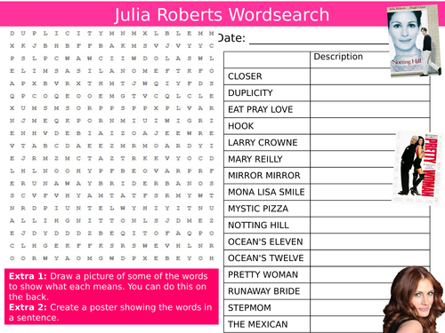 Julia Roberts Wordsearch Actor Drama Starter Settler Activity Homework ...