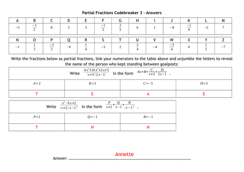 Partial Fractions Codebreaker 3 | Teaching Resources Partial Fractions Codebreaker 3 | Teaching Resources
