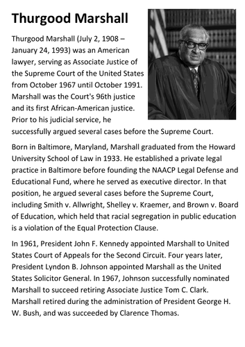 Thurgood Marshall Handout | Teaching Resources
