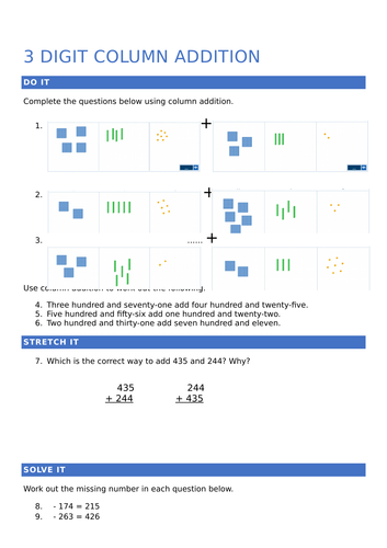 Y3 3 digit column addition (no exchange) | Teaching Resources