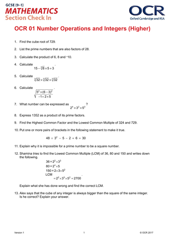 OCR Maths: Higher GCSE - Section Check In Test 1 Number operations and ... OCR Maths: Higher GCSE - Section Check In Test 1 Number operations and ...